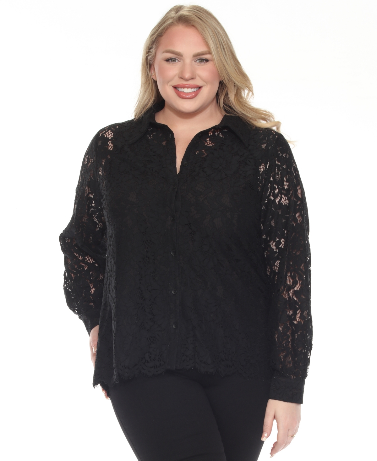 Click here for White Mark Plus Size Lace Button Down Top - Black prices