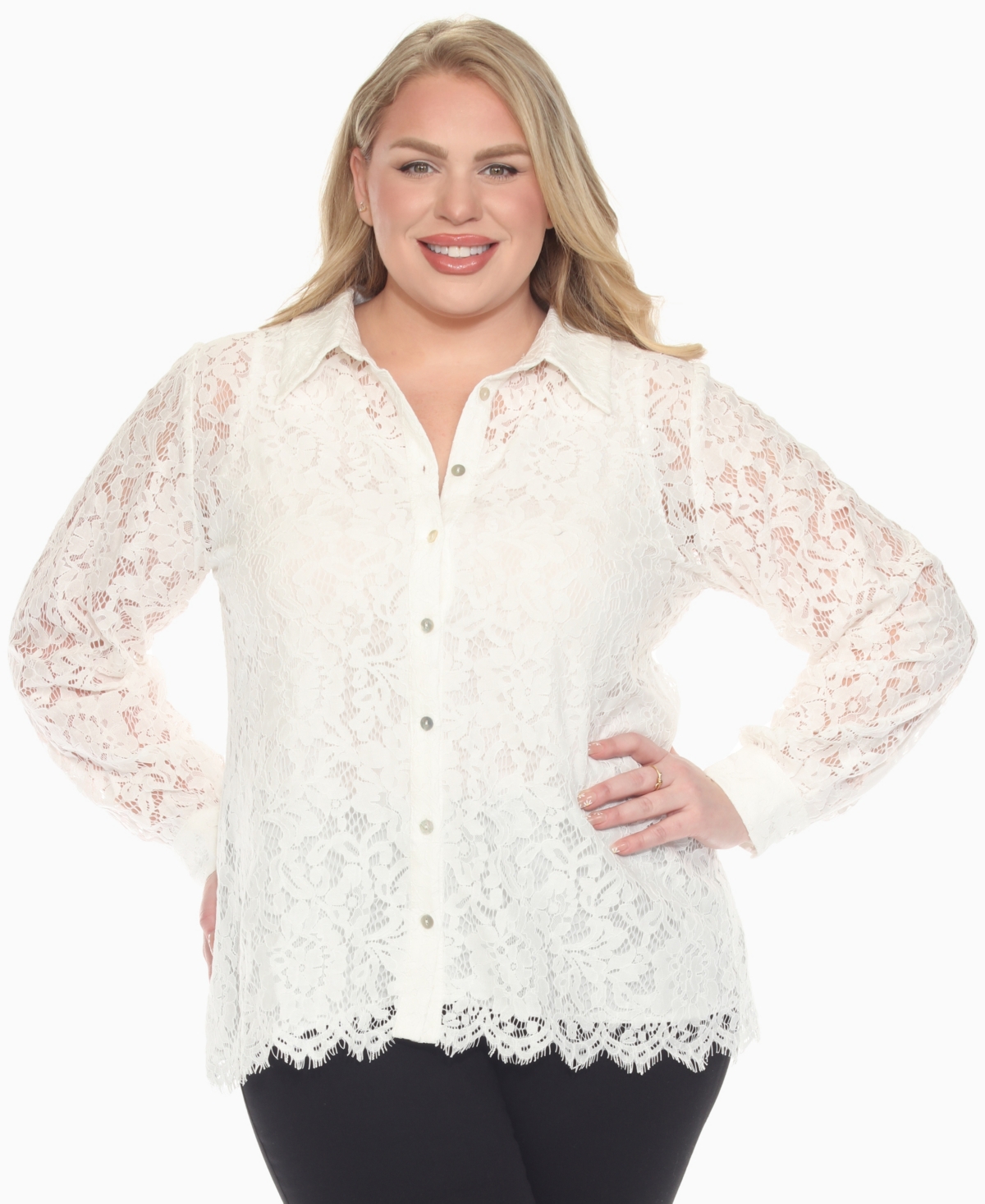 Click here for White Mark Plus Size Lace Button Down Top - White prices