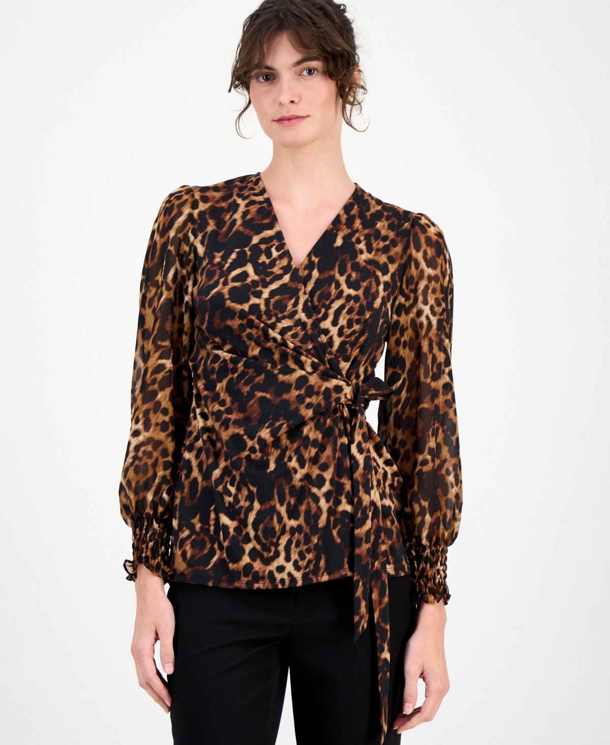 Click here for Anne Klein Womens Animal-Print Wrap Top - Deep Mah... prices
