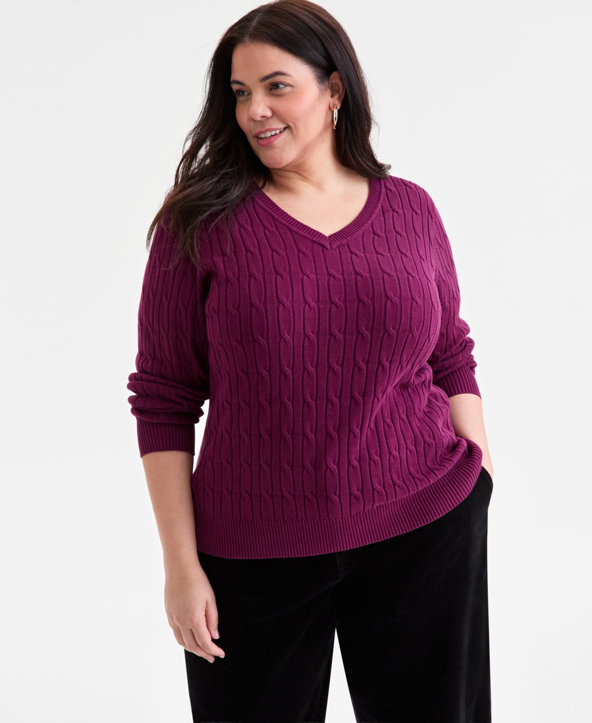 Click here for Style & Co Plus Size Cotton Cable-Knit V-Neck Swea... prices