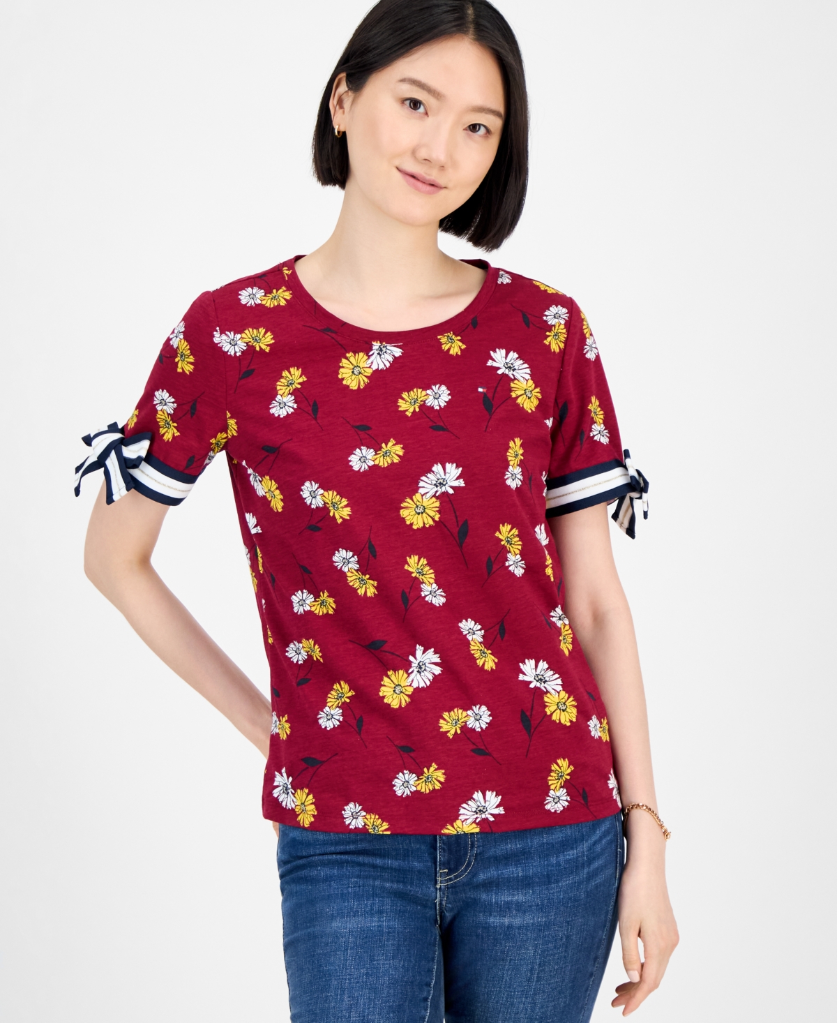 Click here for Tommy Hilfiger Womens Daisy-Print Tie-Sleeve Top -... prices