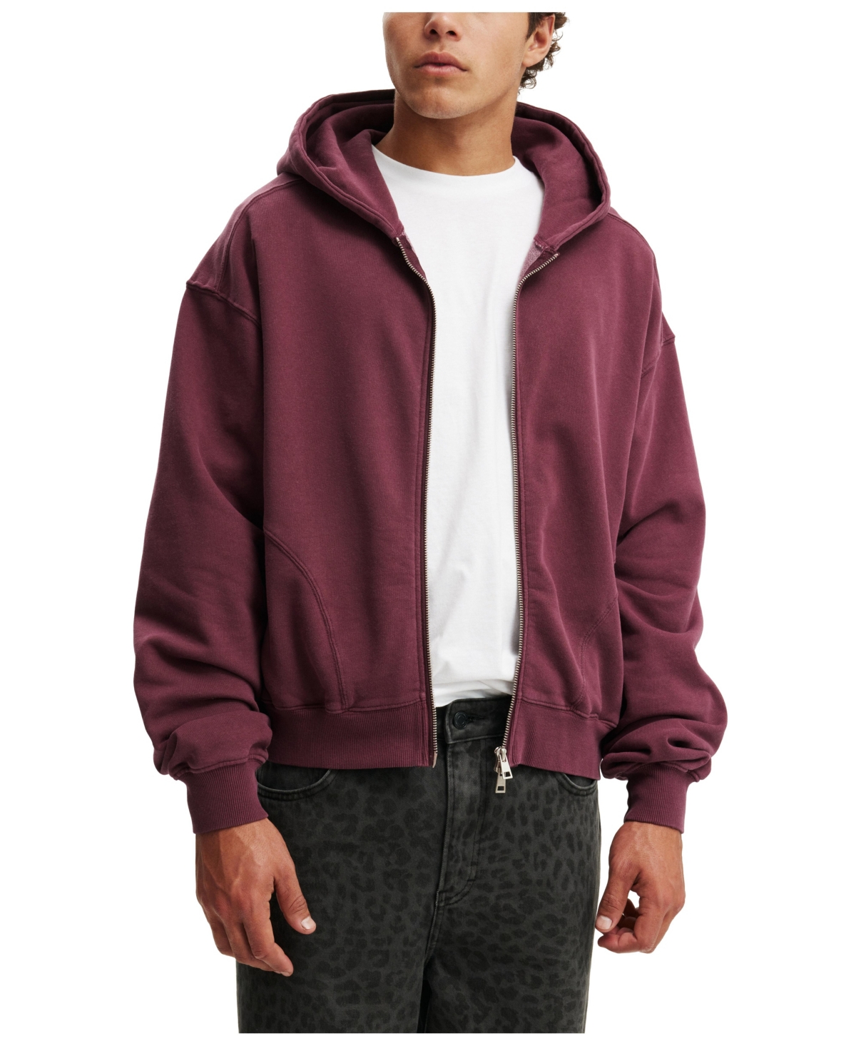 Click here for Cotton On Mens Cropped Zip Up Hoodie - Velvet plum prices