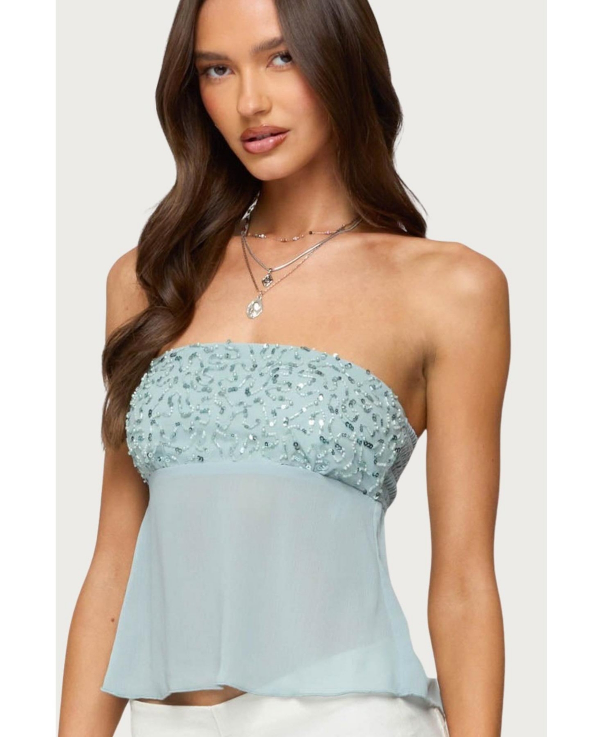 Click here for Edikted Womens Beadie Sheer Chiffon Strapless Top... prices