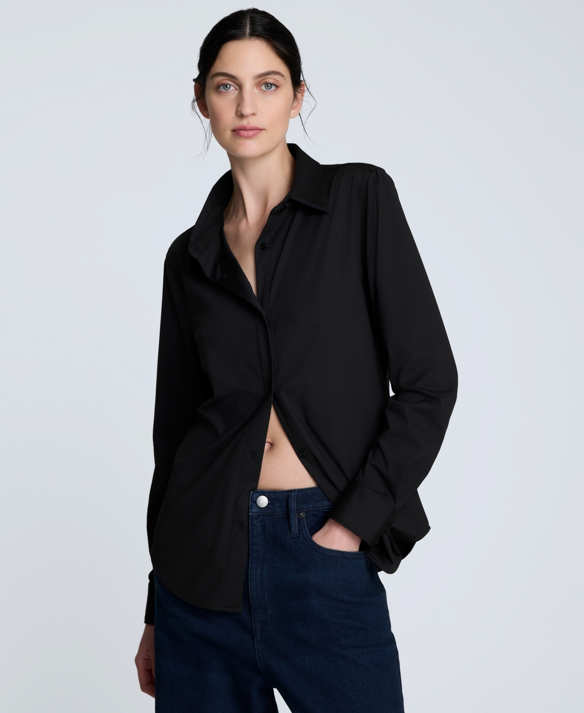 Kenneth Cole Womens Metro Knit Long-Sleeve Button-Front Shirt - Black