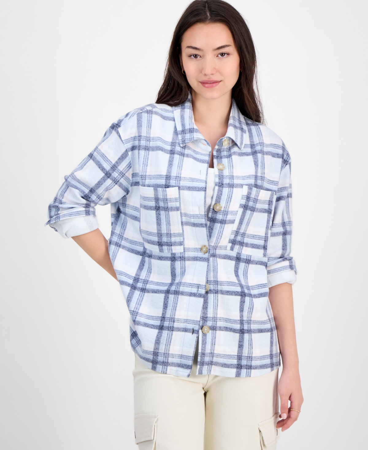 Click here for Just Polly Juniors Plaid Button-Front Shacket - Ba... prices