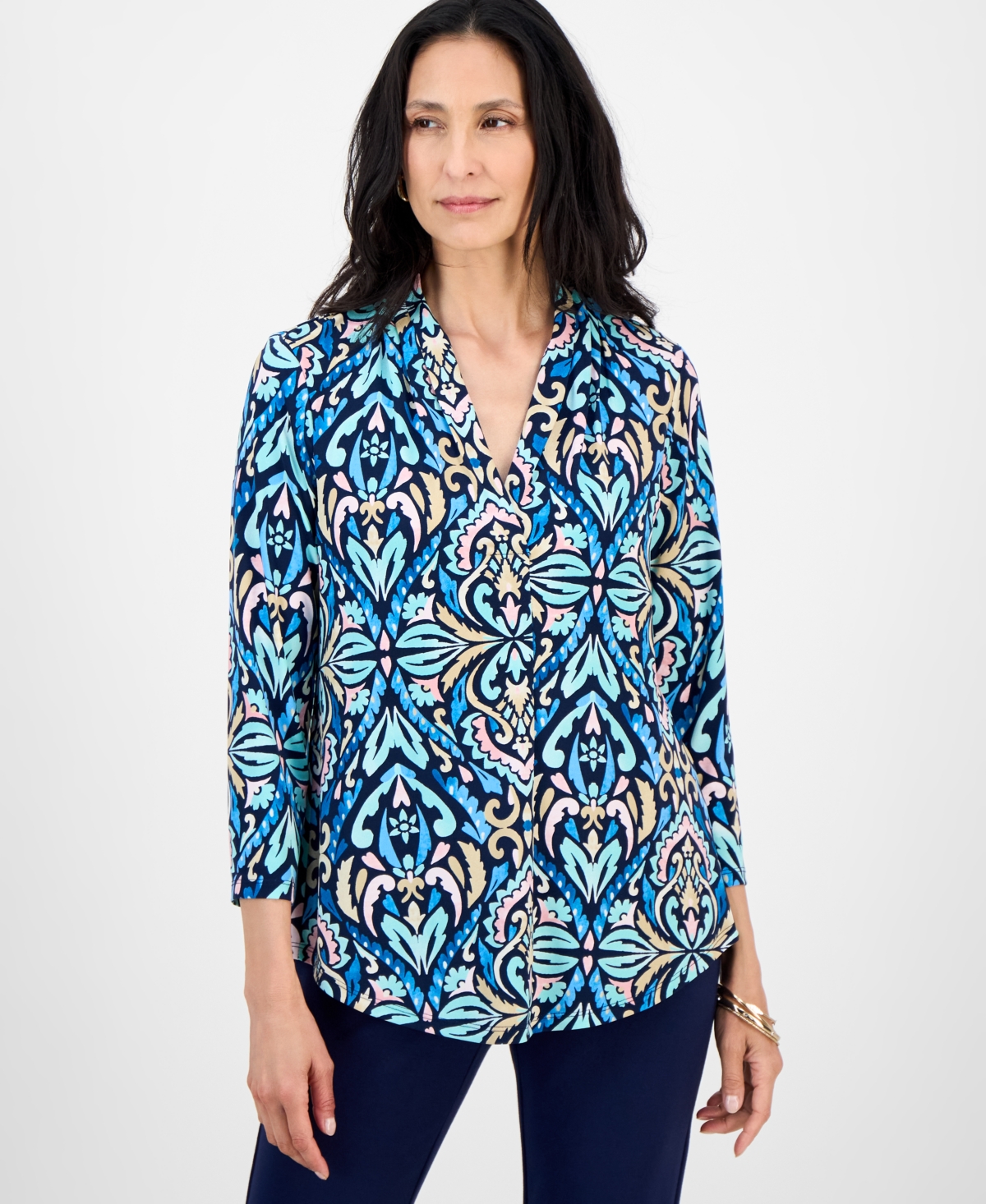Click here for Jm Collection Womens Printed 3/4 Sleeve V-Neck Kni... prices