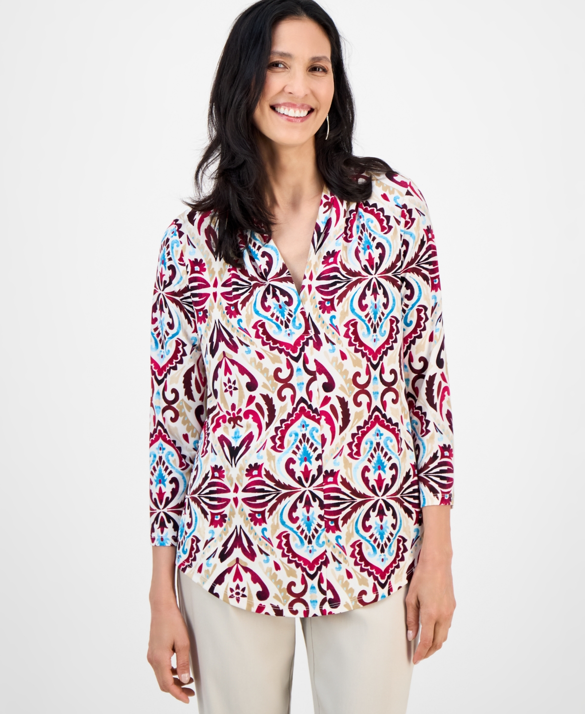 Click here for Jm Collection Womens Printed 3/4 Sleeve V-Neck Kni... prices