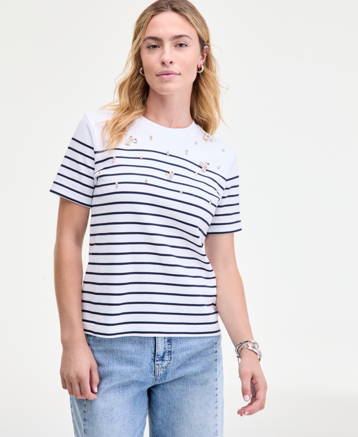 Click here for On 34th Womens Classic Stripe Embellished Cotton T... prices