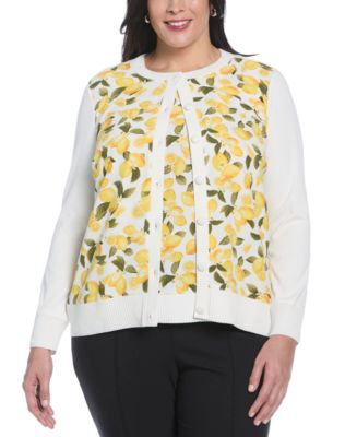 Rafaella Plus Size Lemon Print Woven Front Long Sleeve Cardigan Sweater ...