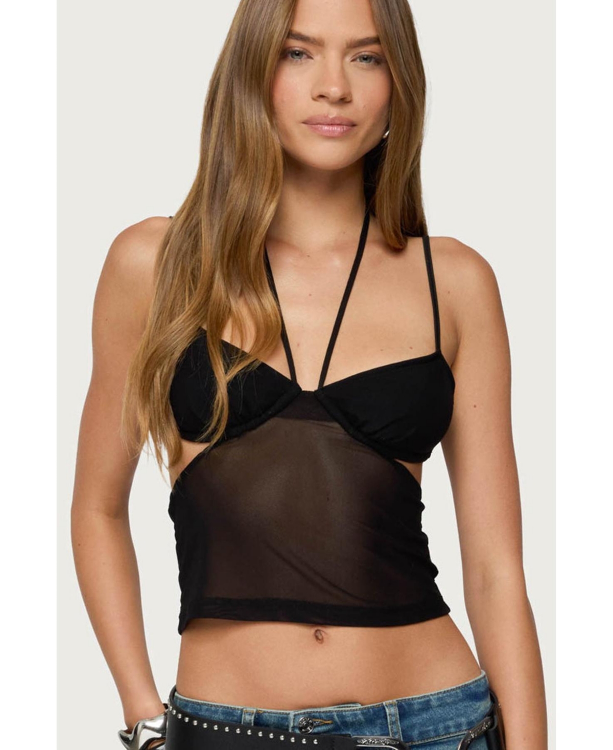 Click here for Edikted Womens Strappy Sheer Mesh Cupped Top - Bla... prices