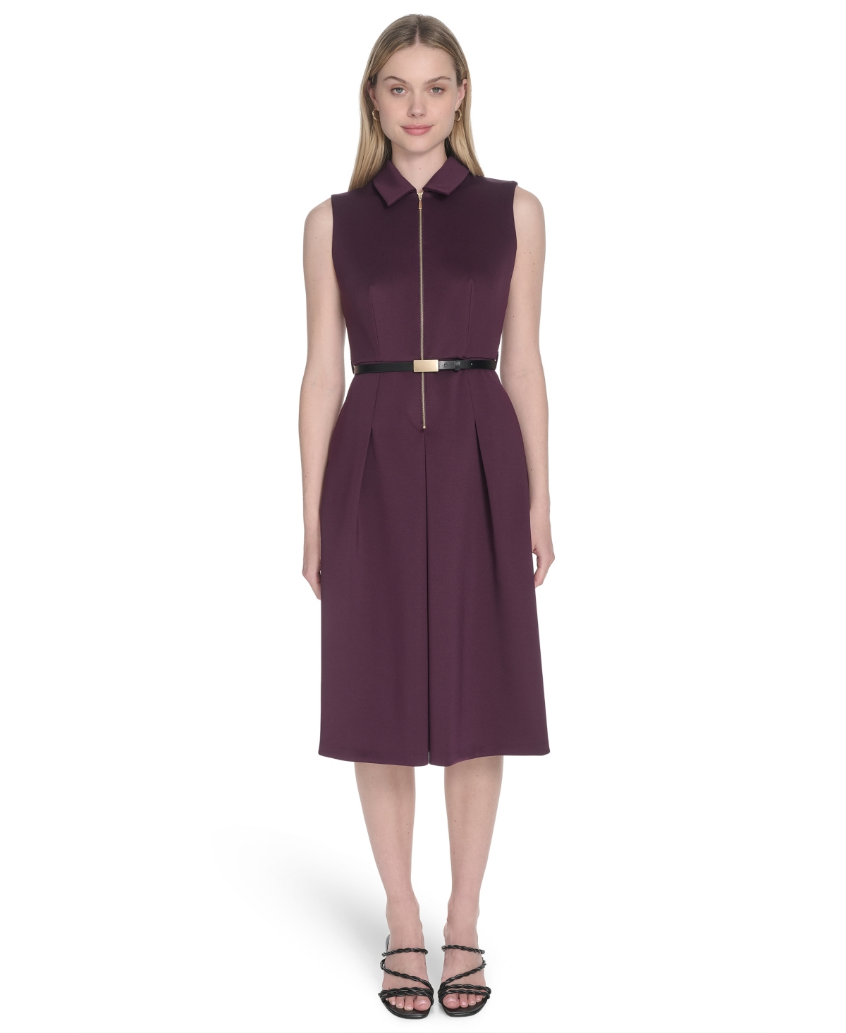 Calvin Klein Womens Sleeveless Scuba A-Line Dress - Aubergine