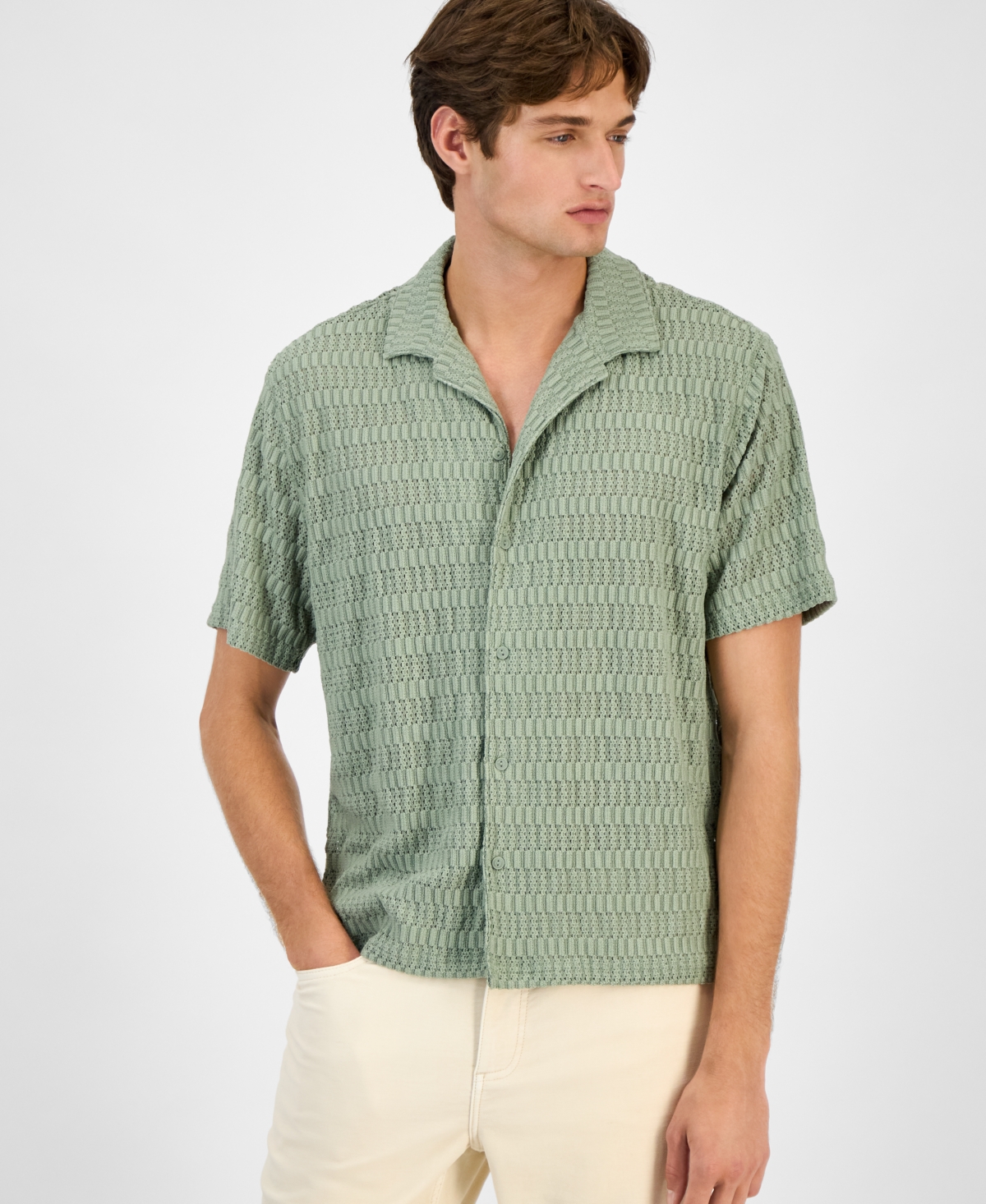 Click here for Sun + Stone Mens Andre Knit Tonal Stripe Camp Shir... prices