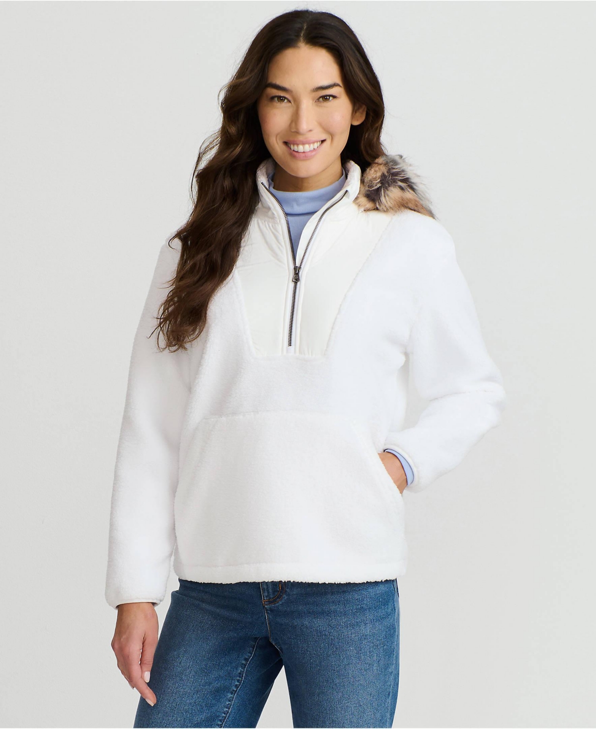 Click here for Lands End Womens Hooded Half Zip Faux Fur High Pil... prices