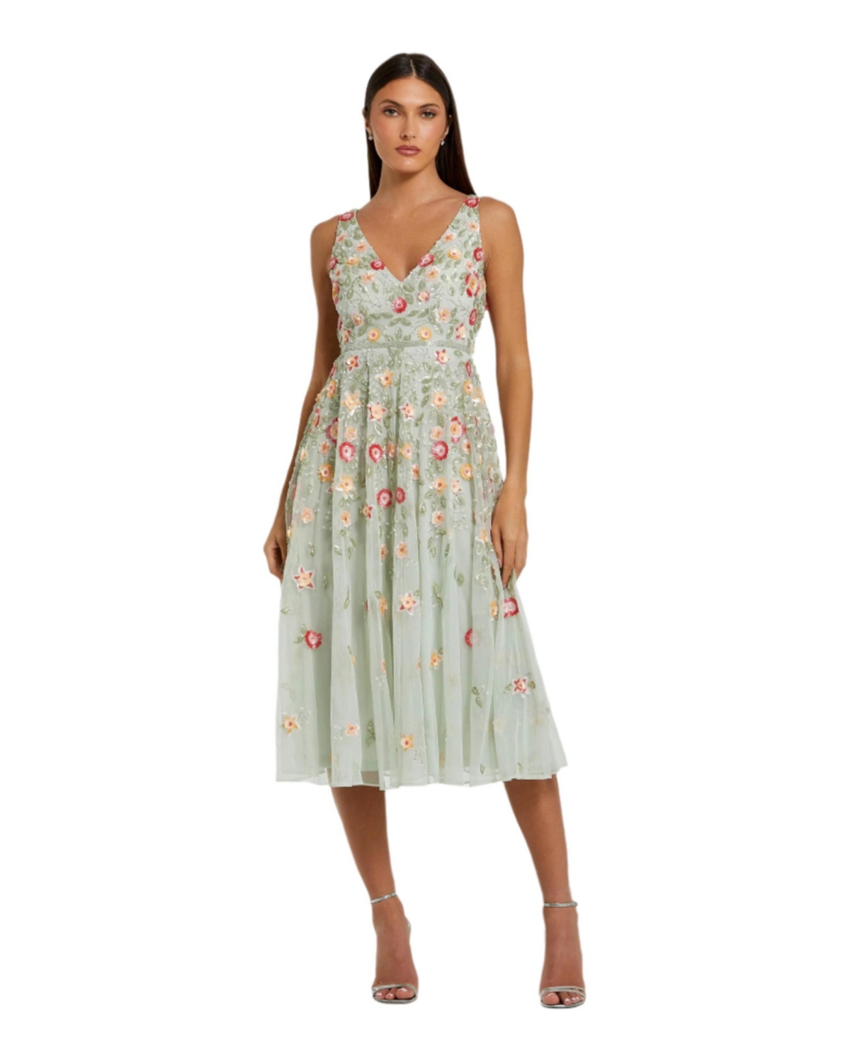 Click here for Mac Duggal Womens Deep V-Neck Embroidered Midi Dre... prices