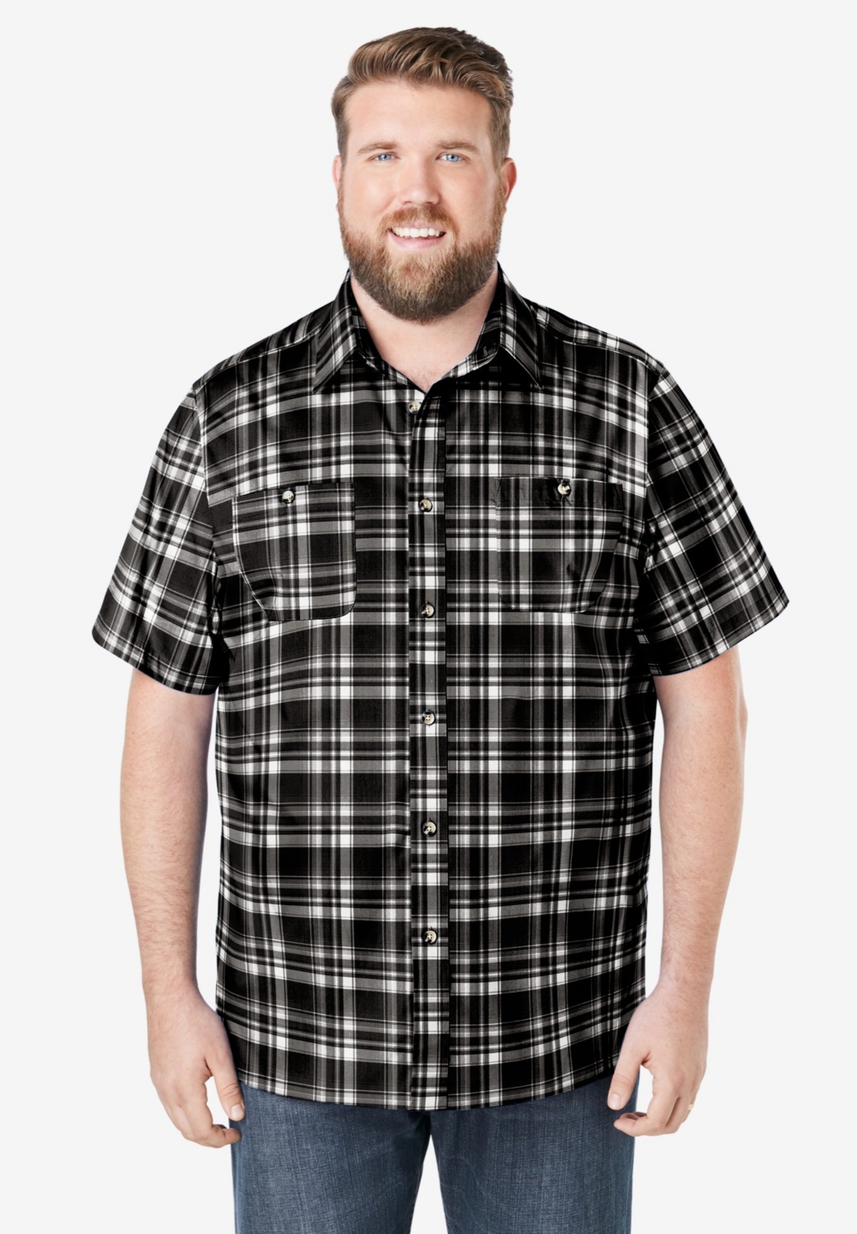 Click here for KingSize Big & Tall Short-Sleeve Plaid Shirt - Bla... prices