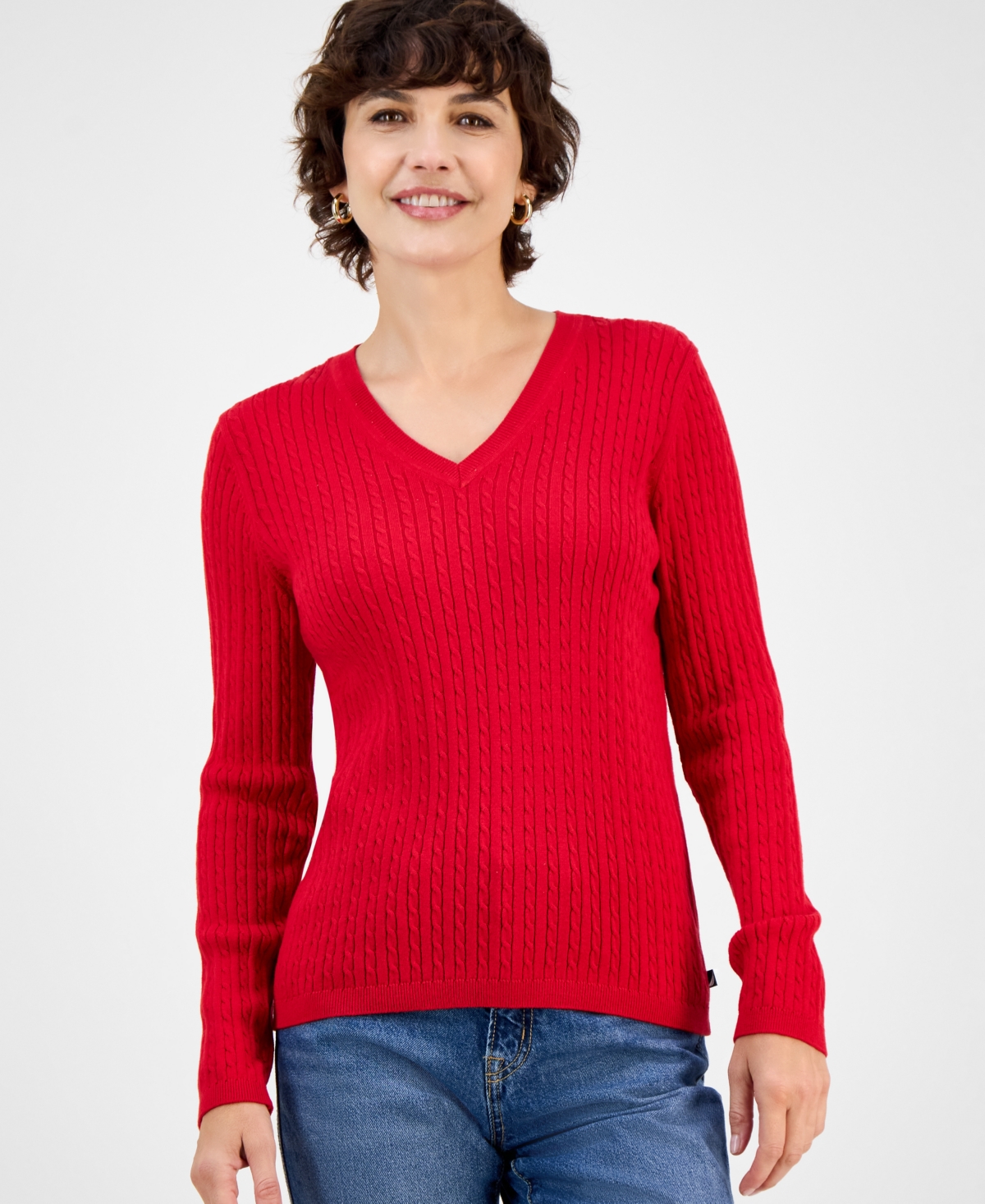 Click here for Nautica Jeans Womens V-neck Cable Knit Sweater  On... prices
