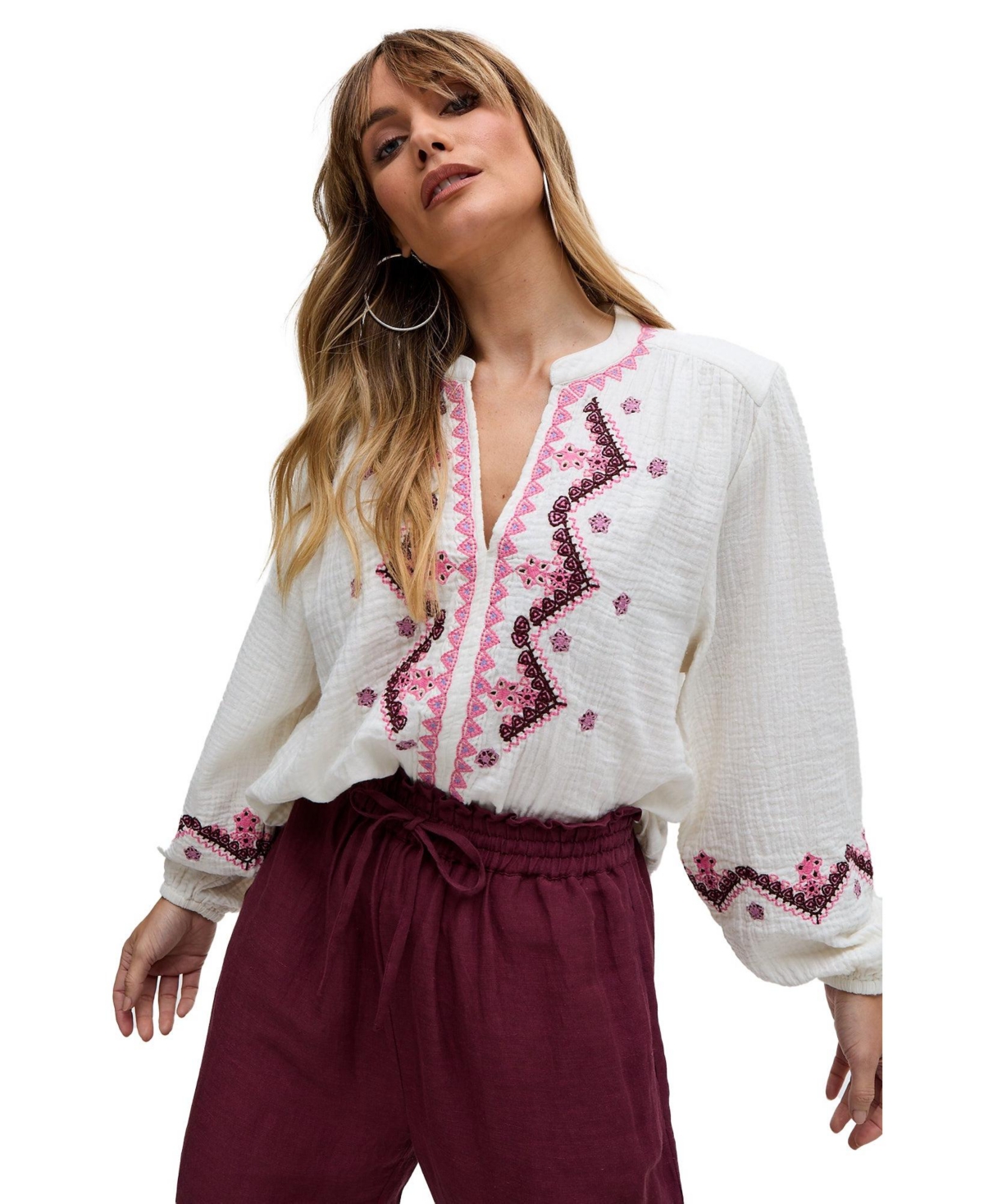 Click here for Raffya Womens Dina V-Neck Embroidered Blouse - Whi... prices