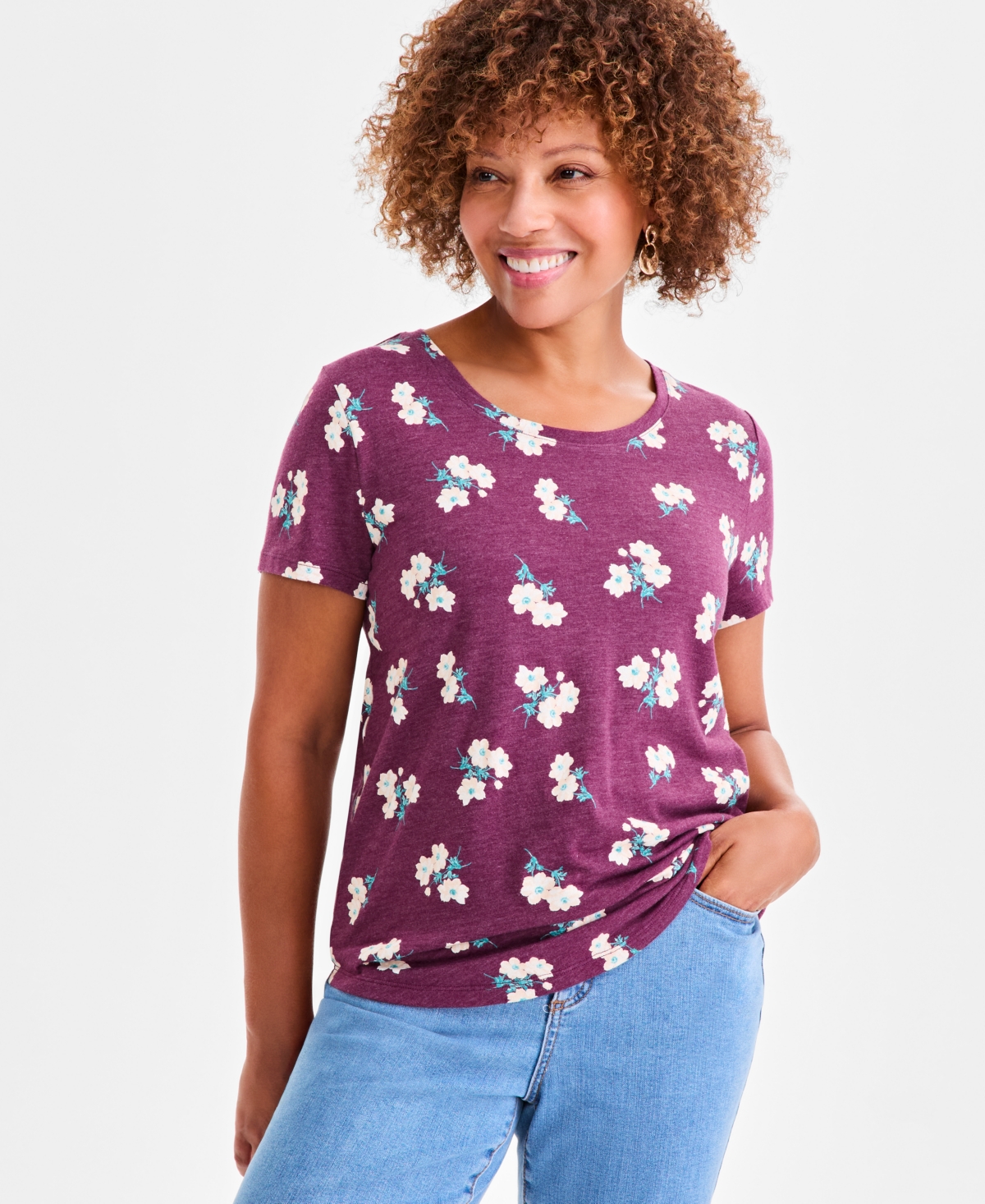 Click here for Style & Co Womens Printed Crewneck Short-Sleeve T-... prices