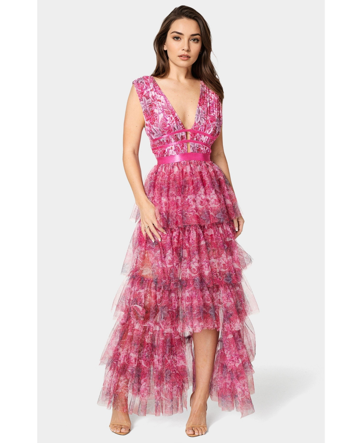 Click here for Bebe Womens Tiered High Low Gown - Pink multi prices