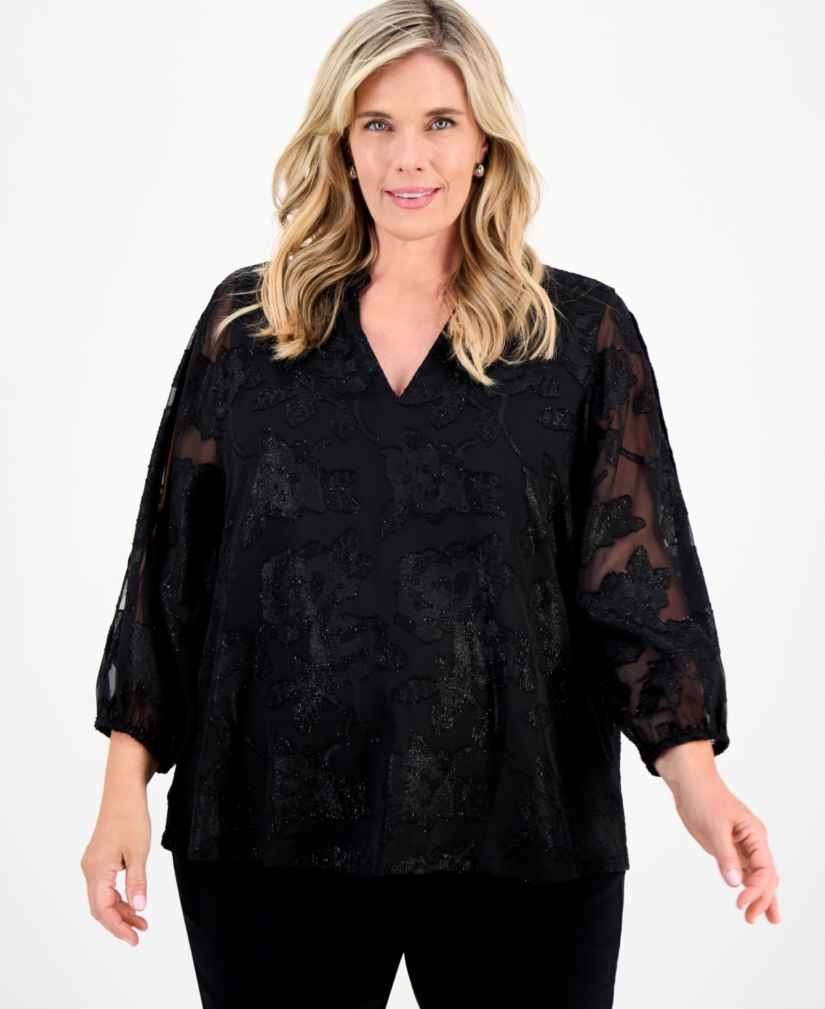 Click here for Jm Collection Plus Size Shine Jacquard Blouson-Sle... prices