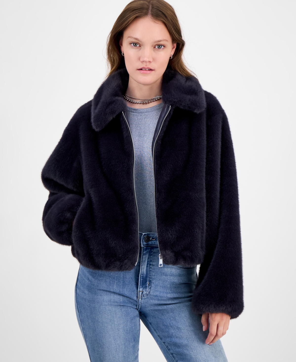 Click here for CeCe Womens Collared Faux-Fur Bomber Coat - Dk Gre... prices