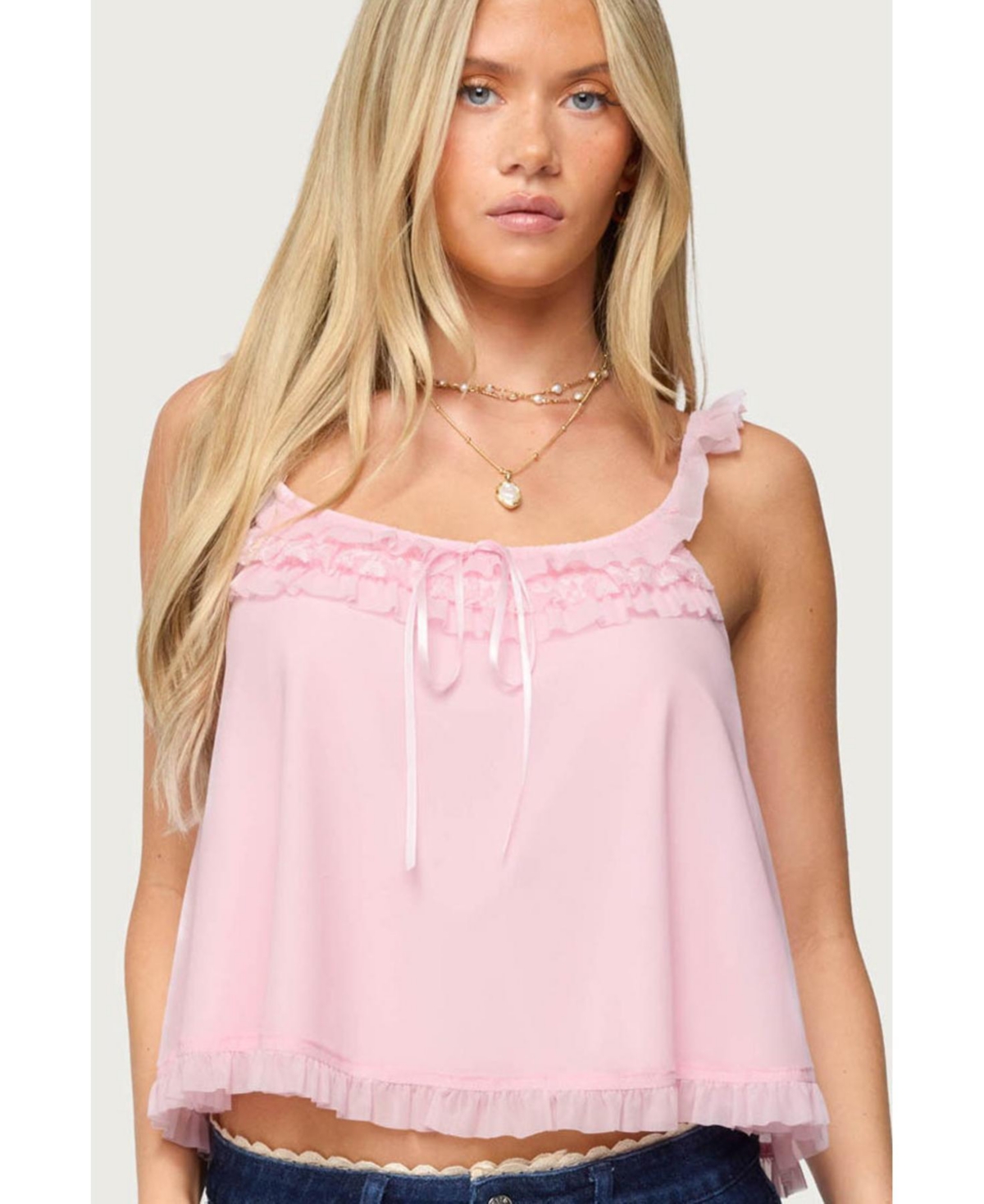 Click here for Edikted Womens Ruffle Mesh Babydoll Tank Top - Lig... prices