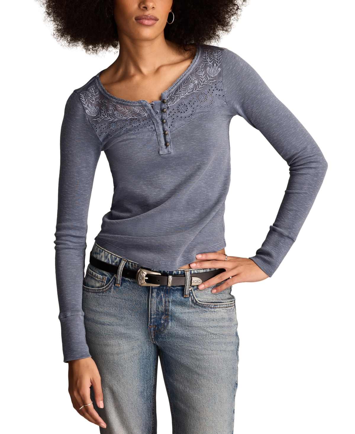 Click here for Lucky Brand Womens Lace-Yoke Long-Sleeve Henley To... prices