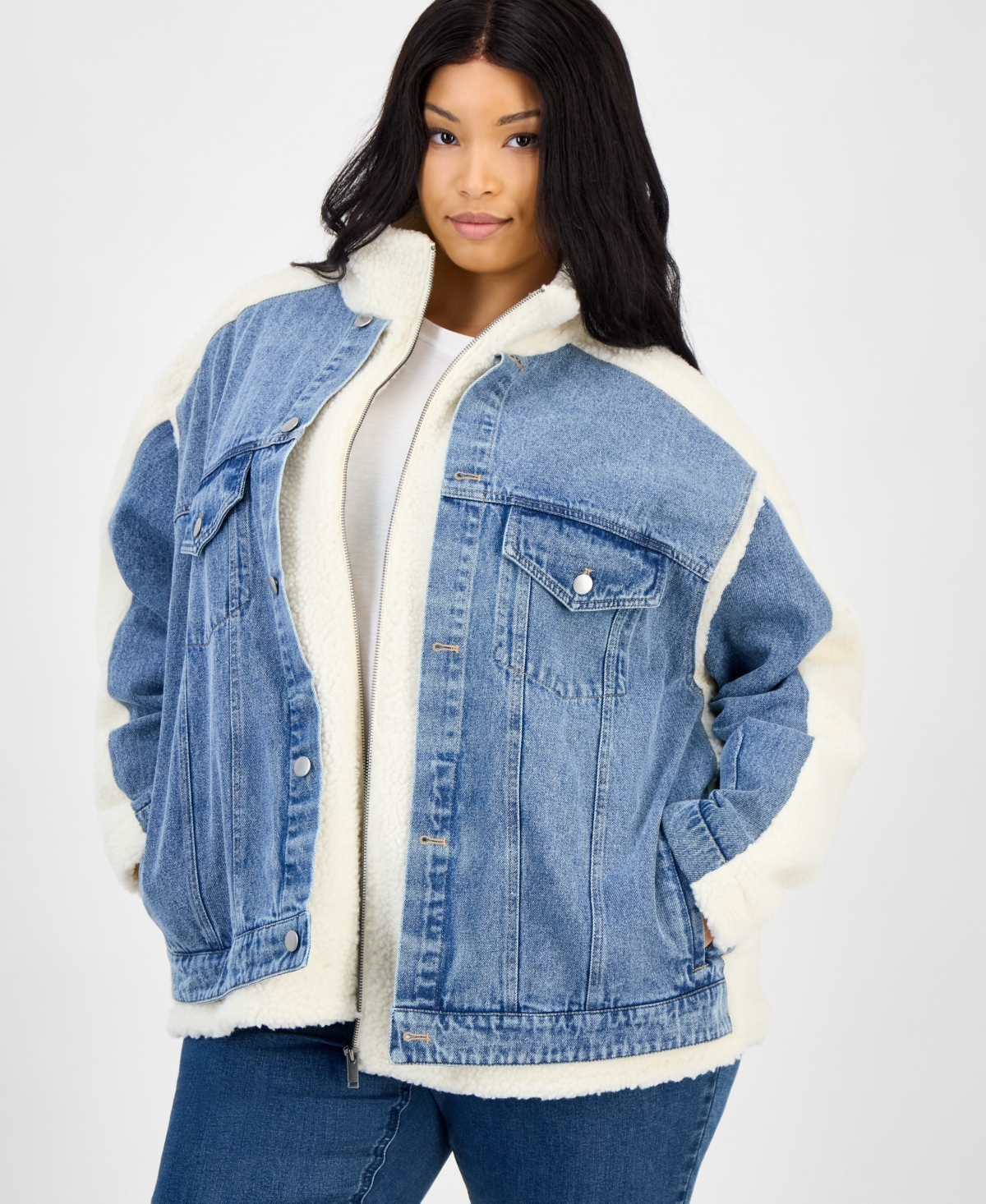 Click here for And Now This Trendy Plus Size Denim-Front Teddy Ja... prices