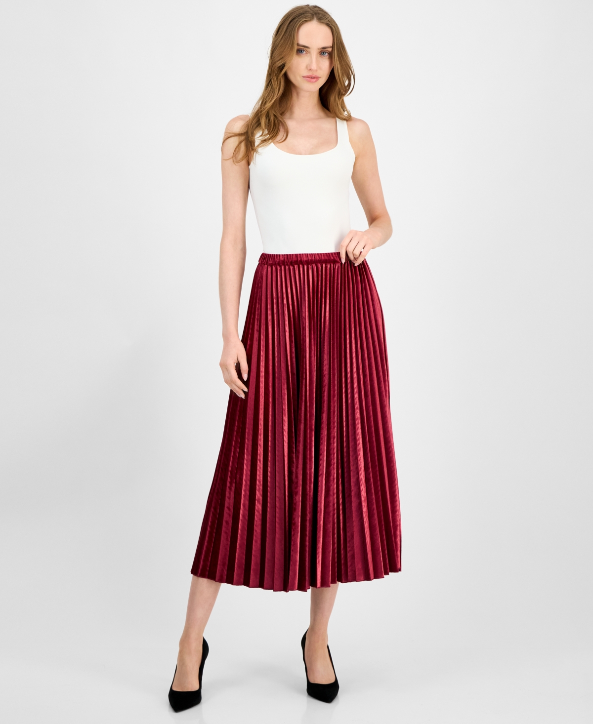 Click here for Anne Klein Womens Pleated Flared Midi Skirt - Ruby... prices