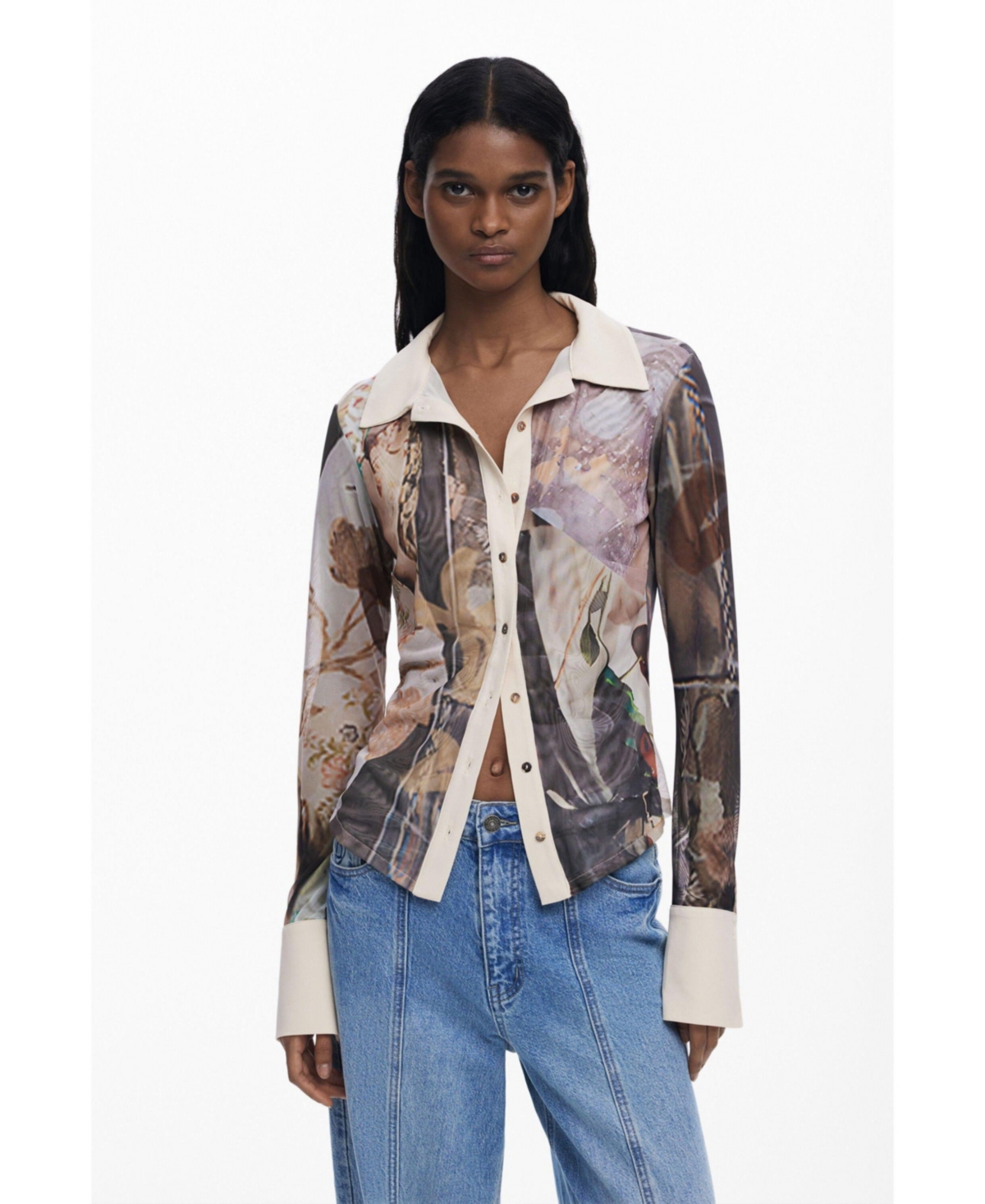 Click here for Desigual Womens Chiffon cuff T-shirt - Light brown prices