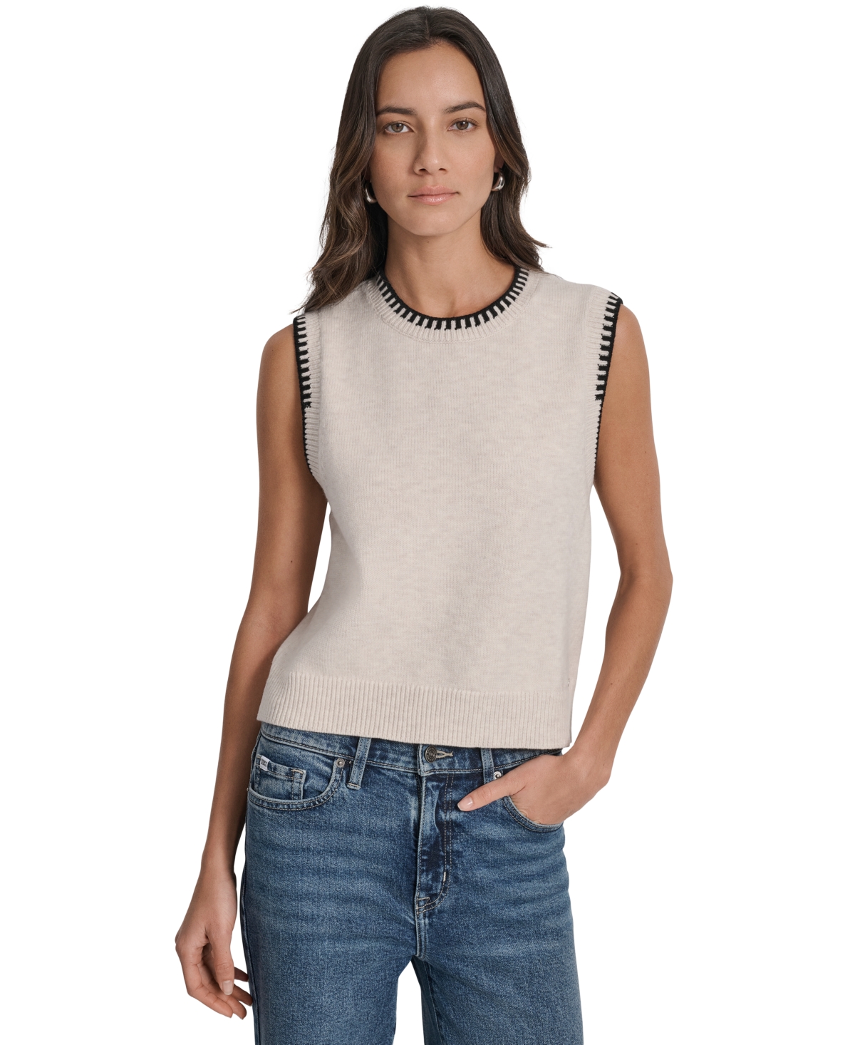 Click here for Dkny Jeans Womens Whipstitch Trim Crewneck Sleevel... prices