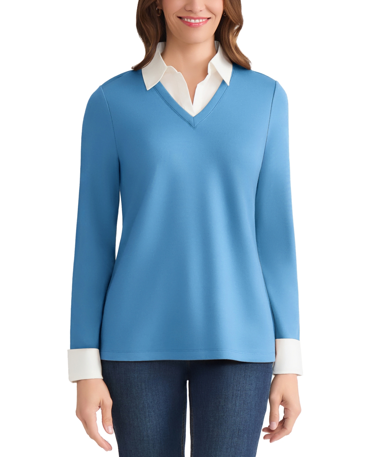 Click here for Jones New York Petite V-Neck Long-Sleeve Two-Fer P... prices