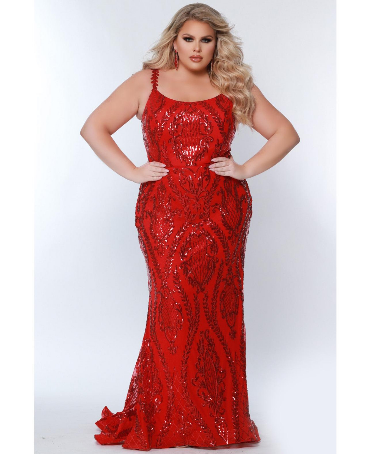 Sydneys Closet Womens Scoop Neck Fitted Sequin Evening Gown - Red