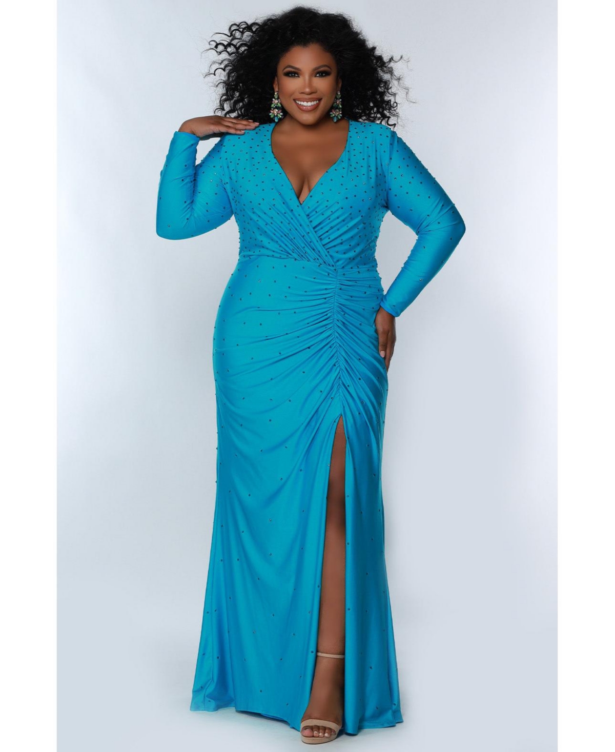 Sydneys Closet Womens Fitted Long Sleeve V-Neck Ruched Plus Size Gown - Blue attitude