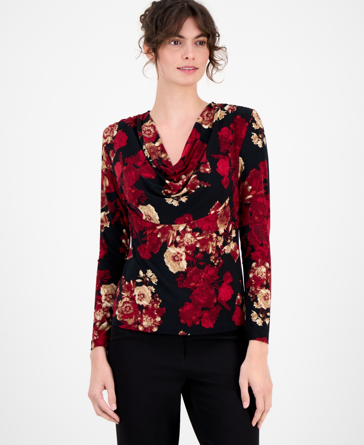 Click here for Anne Klein Womens Floral Cowl-Neck Top - Titan Red... prices