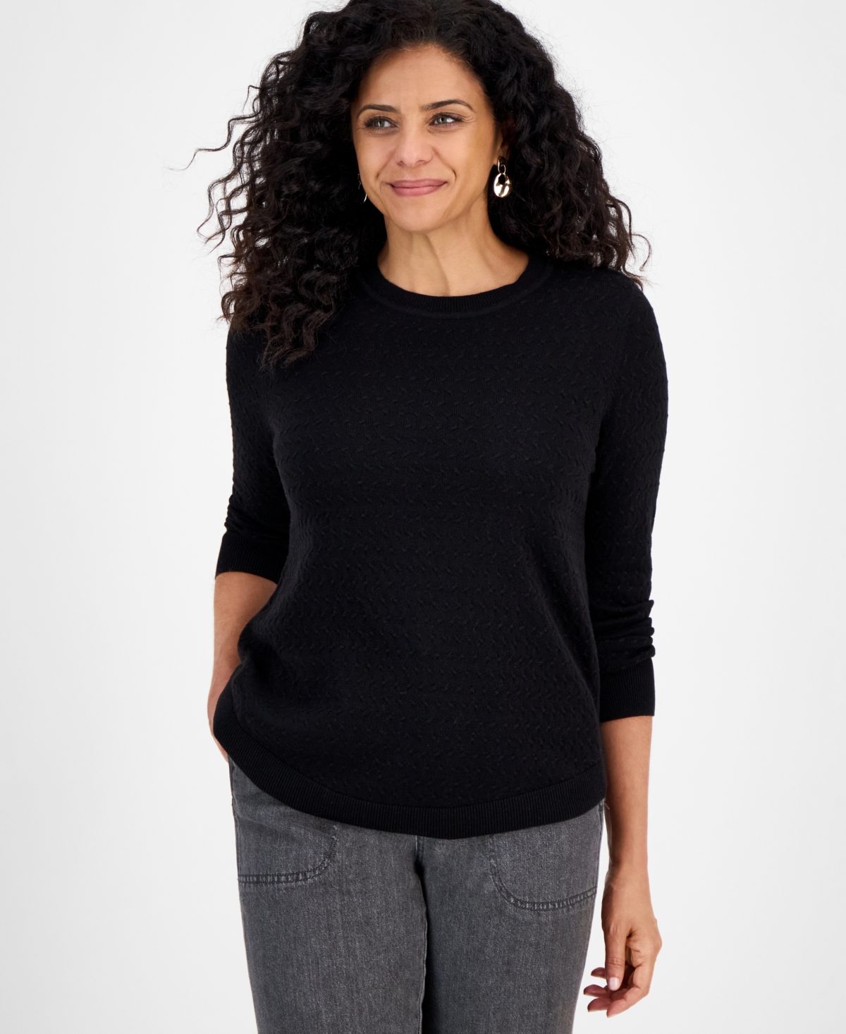 Click here for Style & Co Petite Cotton Pointelle Knit Sweater  M... prices