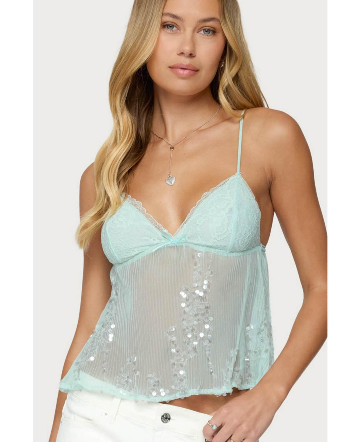 Click here for Edikted Womens Sequin Sheer Mesh Babydoll Top - Tu... prices