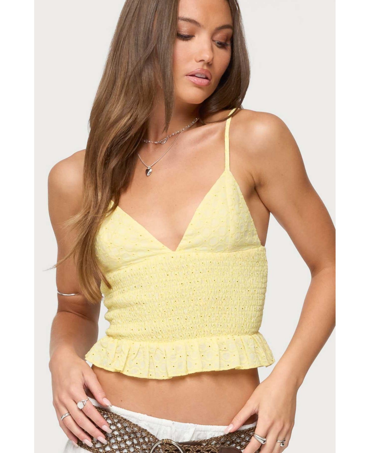 Click here for Edikted Womens Evy Embroidered Peplum Scrunch Top... prices