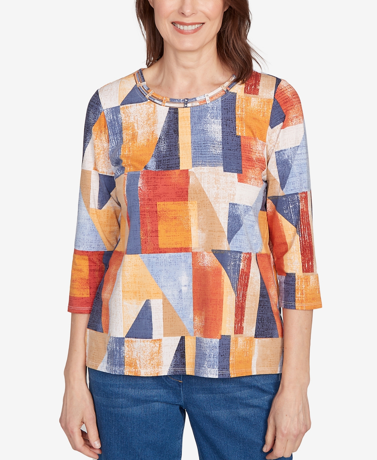 Click here for Alfred Dunner Petite Detailed Neckline Top - Blue prices