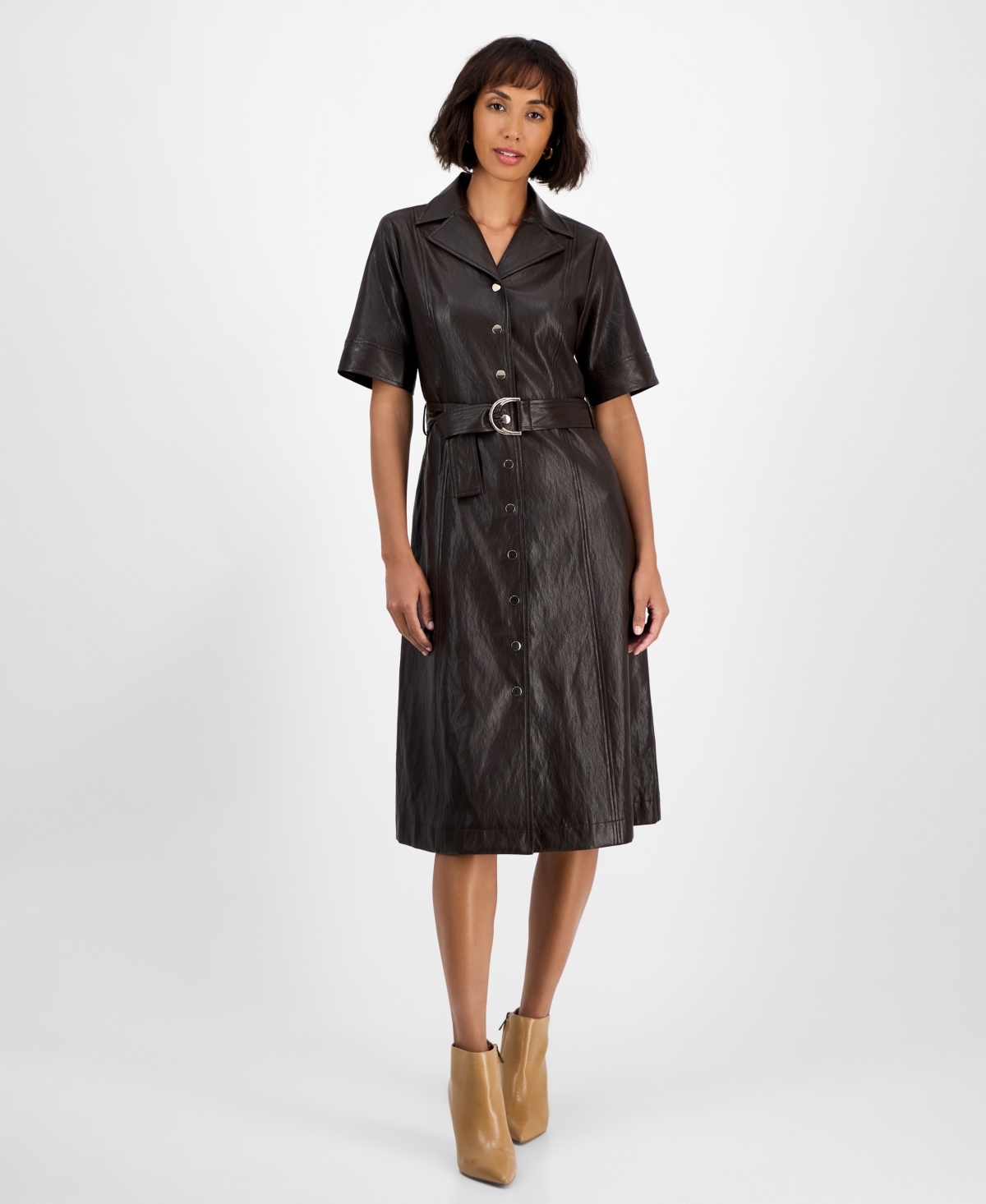 Click here for T Tahari Womens Faux-Leather Belted Button-Front D... prices