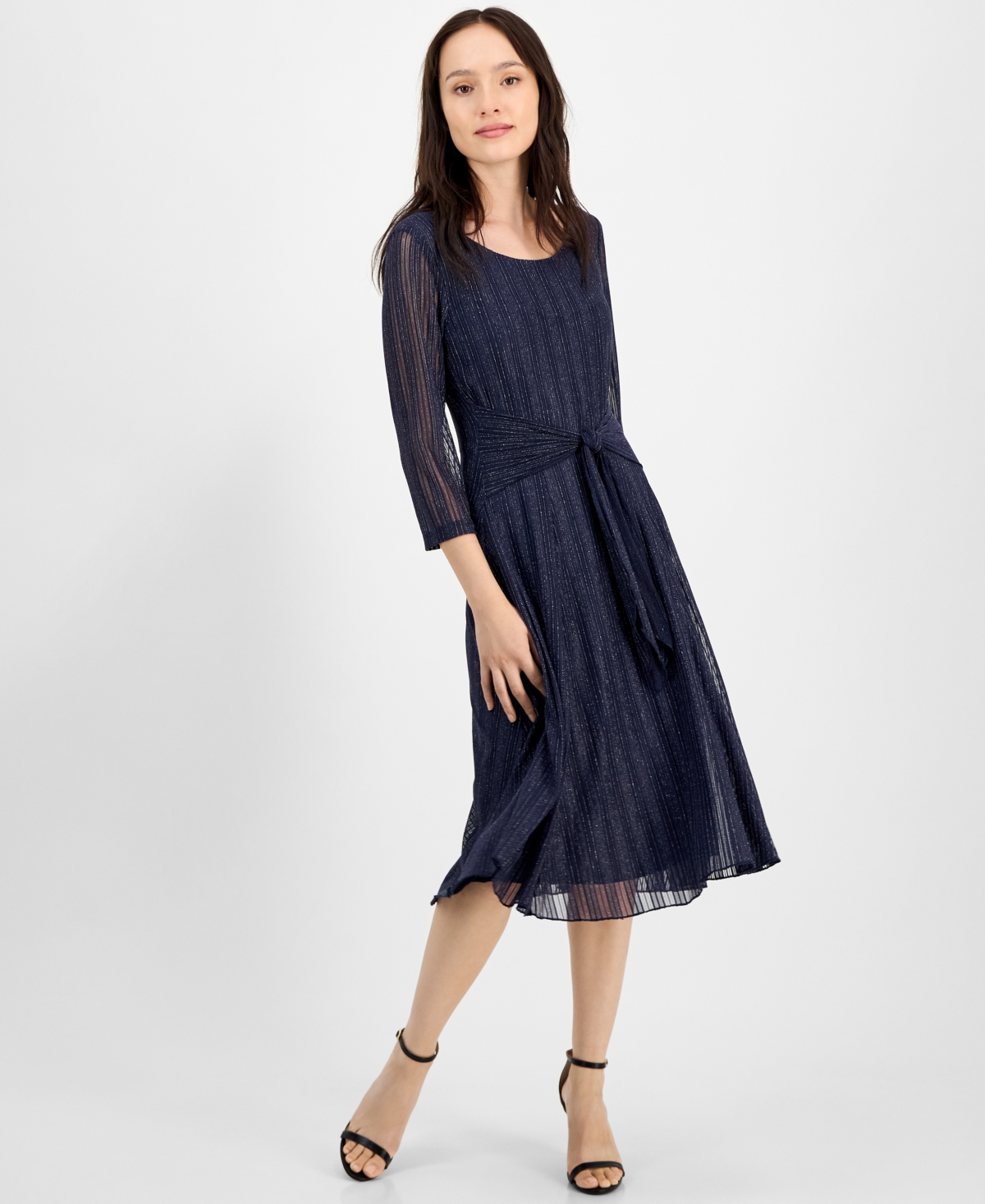 Click here for Connected Petite Mesh Tie-Waist 3/4-Sleeve Midi Dr... prices