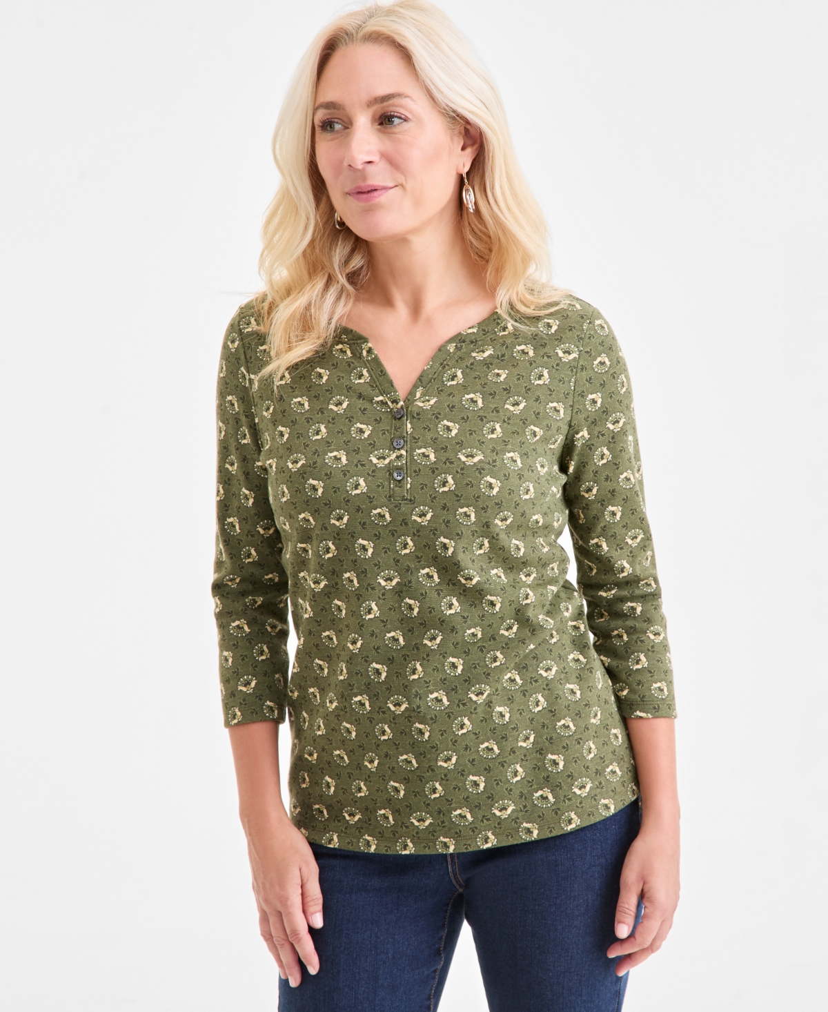 Click here for Style & Co Womens Printed 3/4-Sleeve Henley Top  M... prices