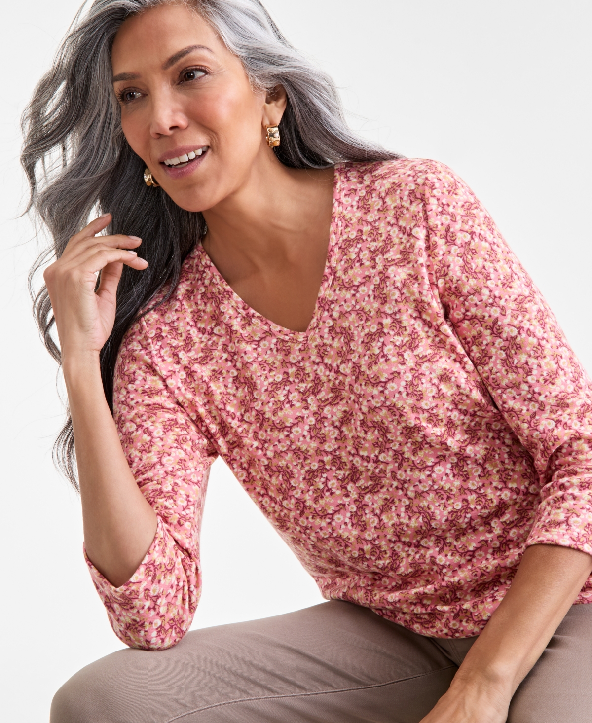 Click here for Style & Co Womens Printed V-Neck 3/4-Sleeve Knit T... prices