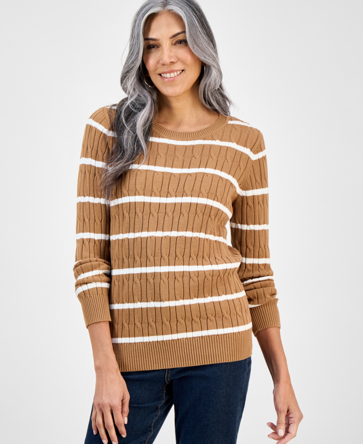 Click here for Style & Co Womens Cotton Striped Cable-Knit Sweate... prices