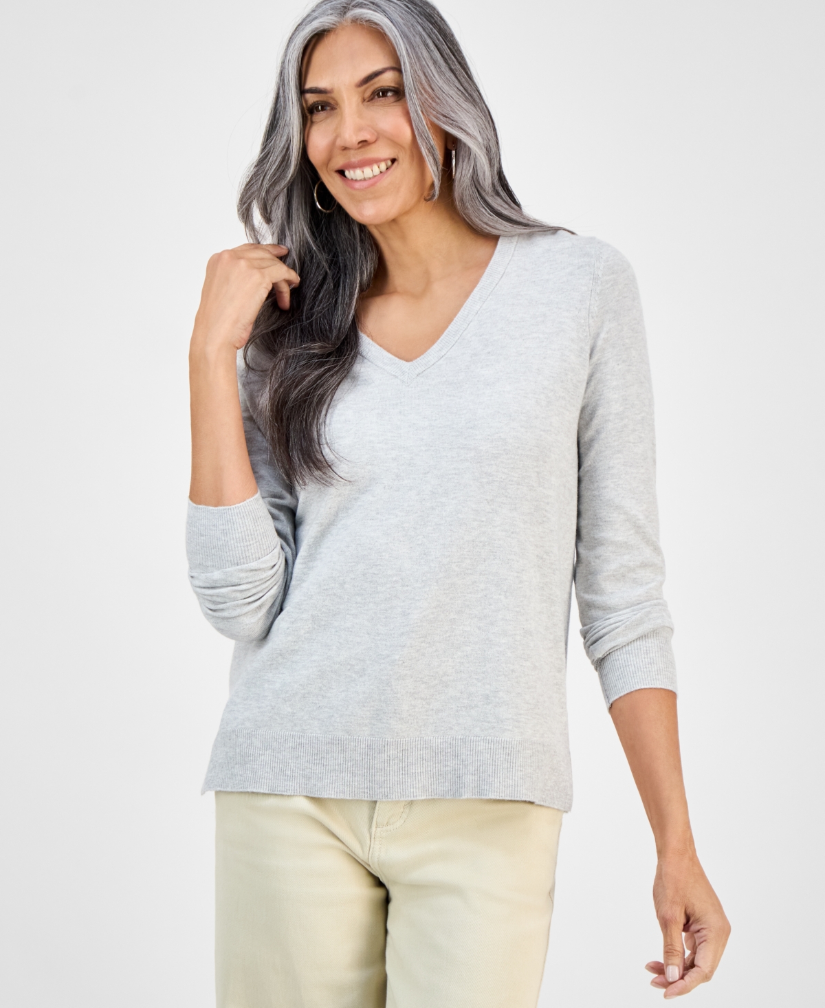 Click here for Style & Co Womens V-Neck Long-Sleeve Sweater  Crea... prices