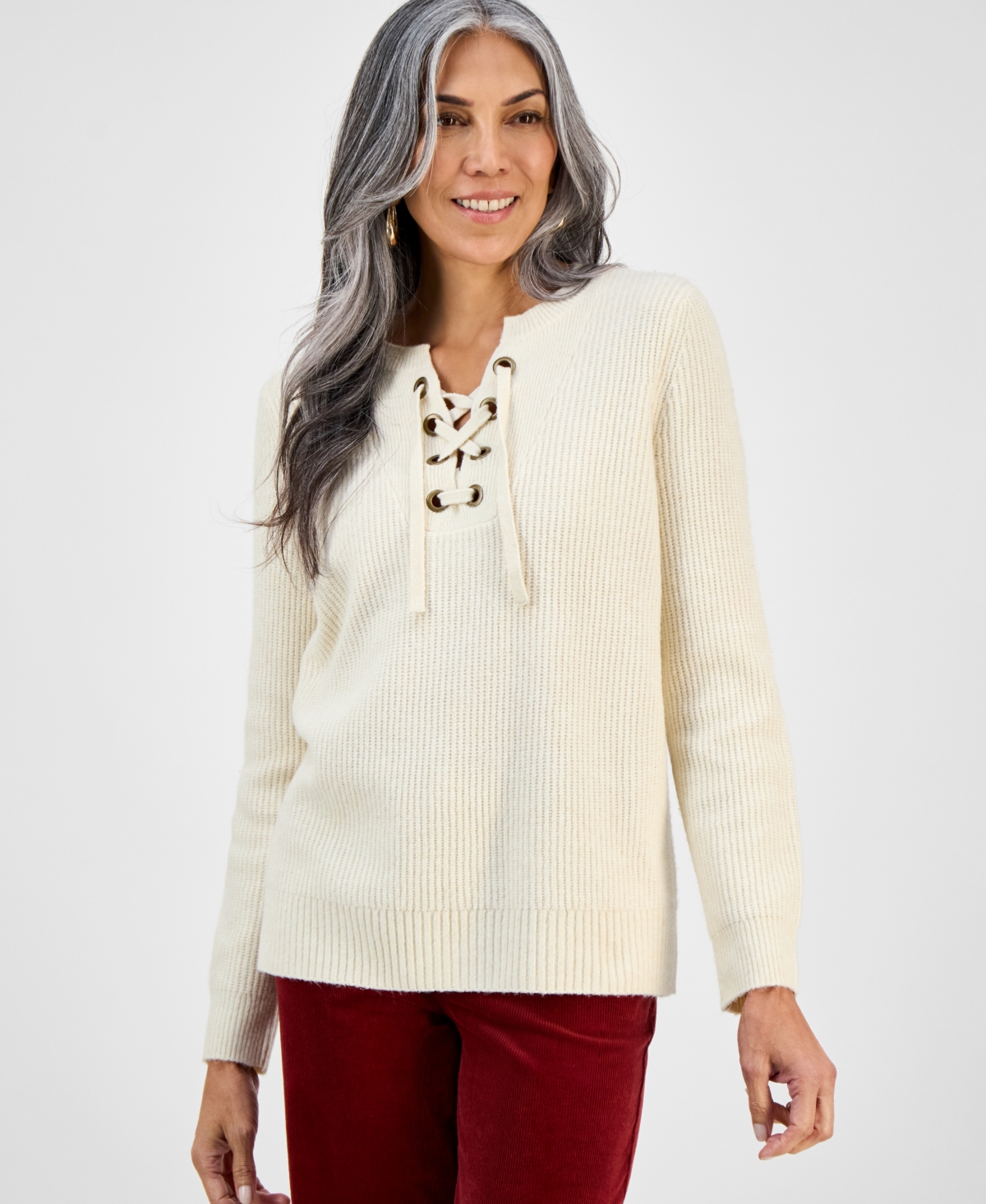 Click here for Style & Co Womens Lace-Up Long-Sleeve Sweater  Mac... prices