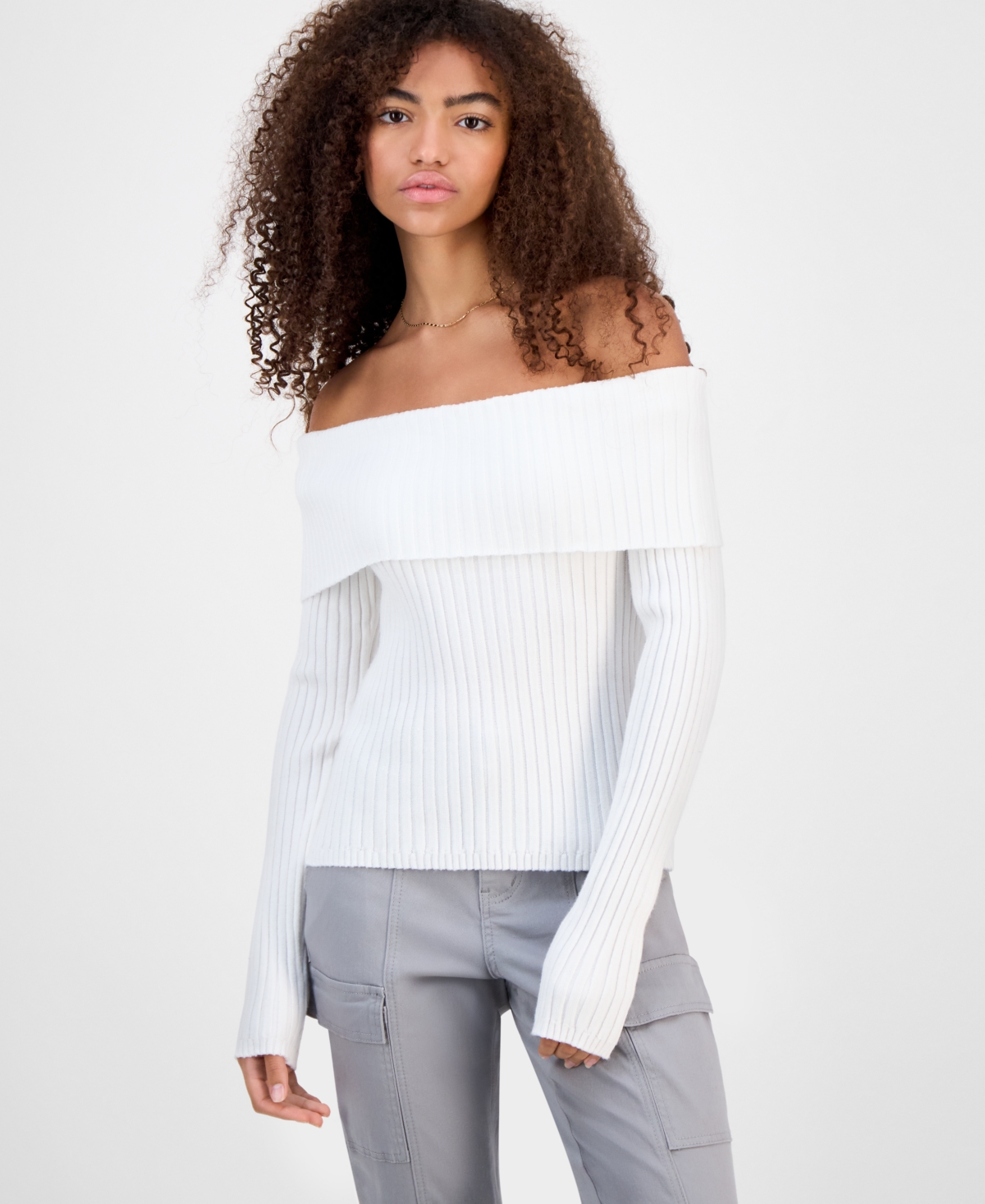 Click here for Madden Girl Juniors Off-The-Shoulder Rib-Knit Swea... prices