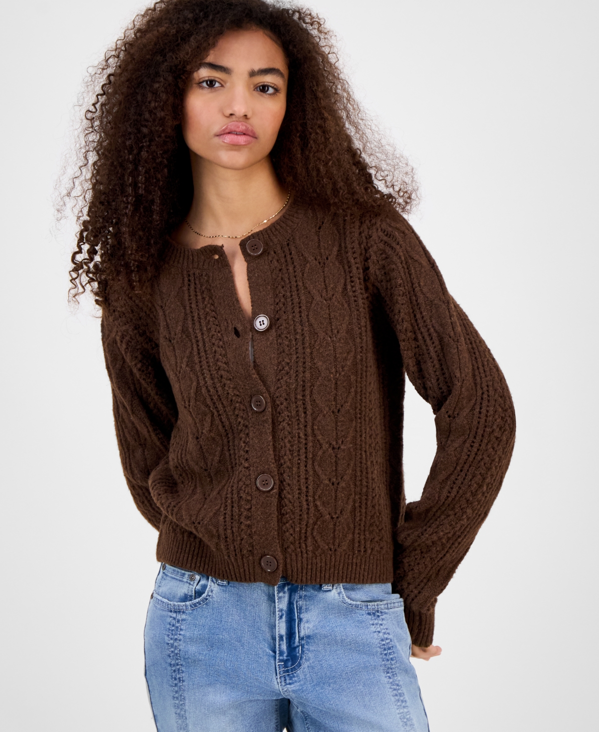 Click here for Hippie Rose Juniors Cable-Knit Button-Front Lady C... prices