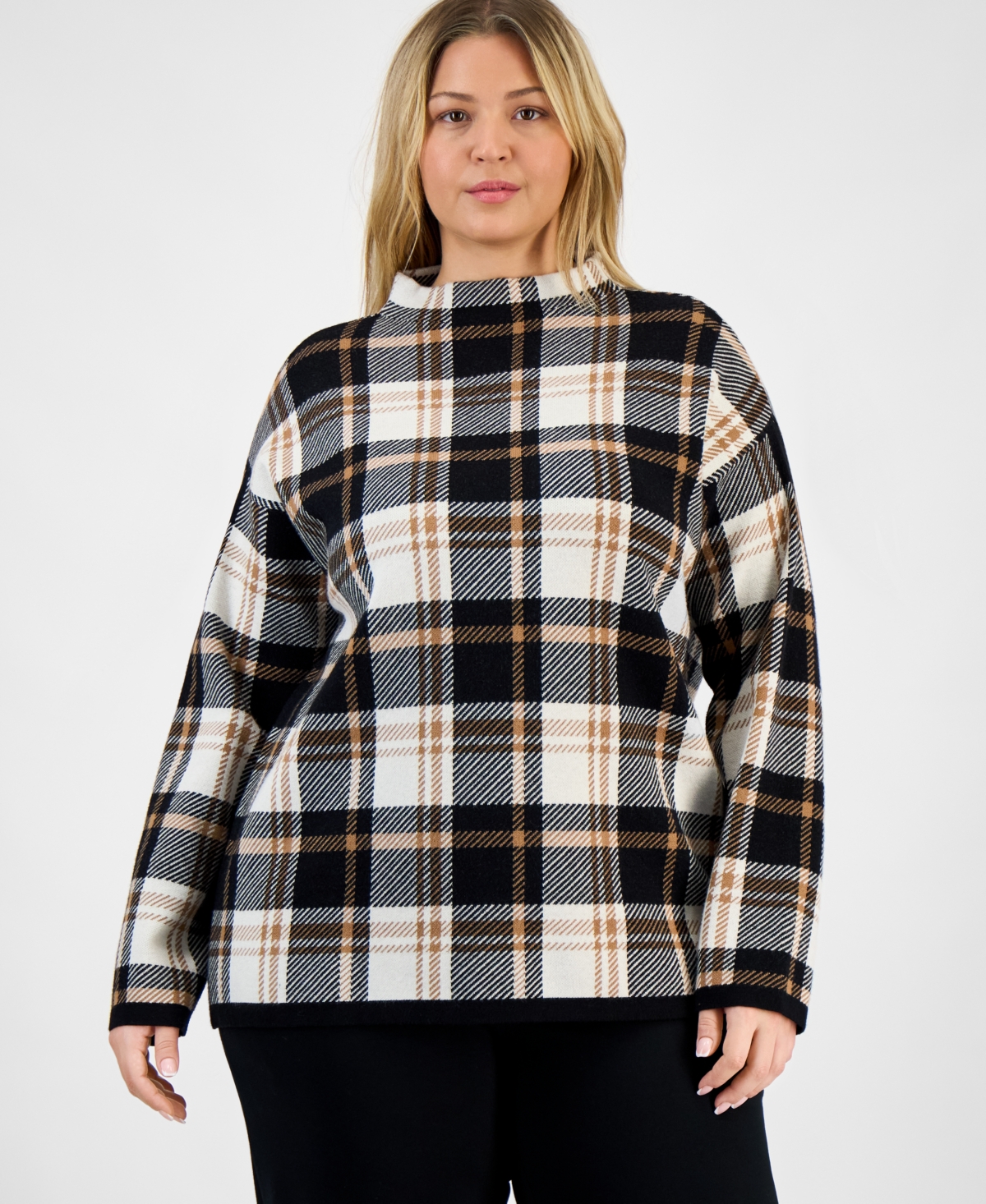 Click here for Jones New York Plus Size Plaid Funnel-Neck Long-Sl... prices