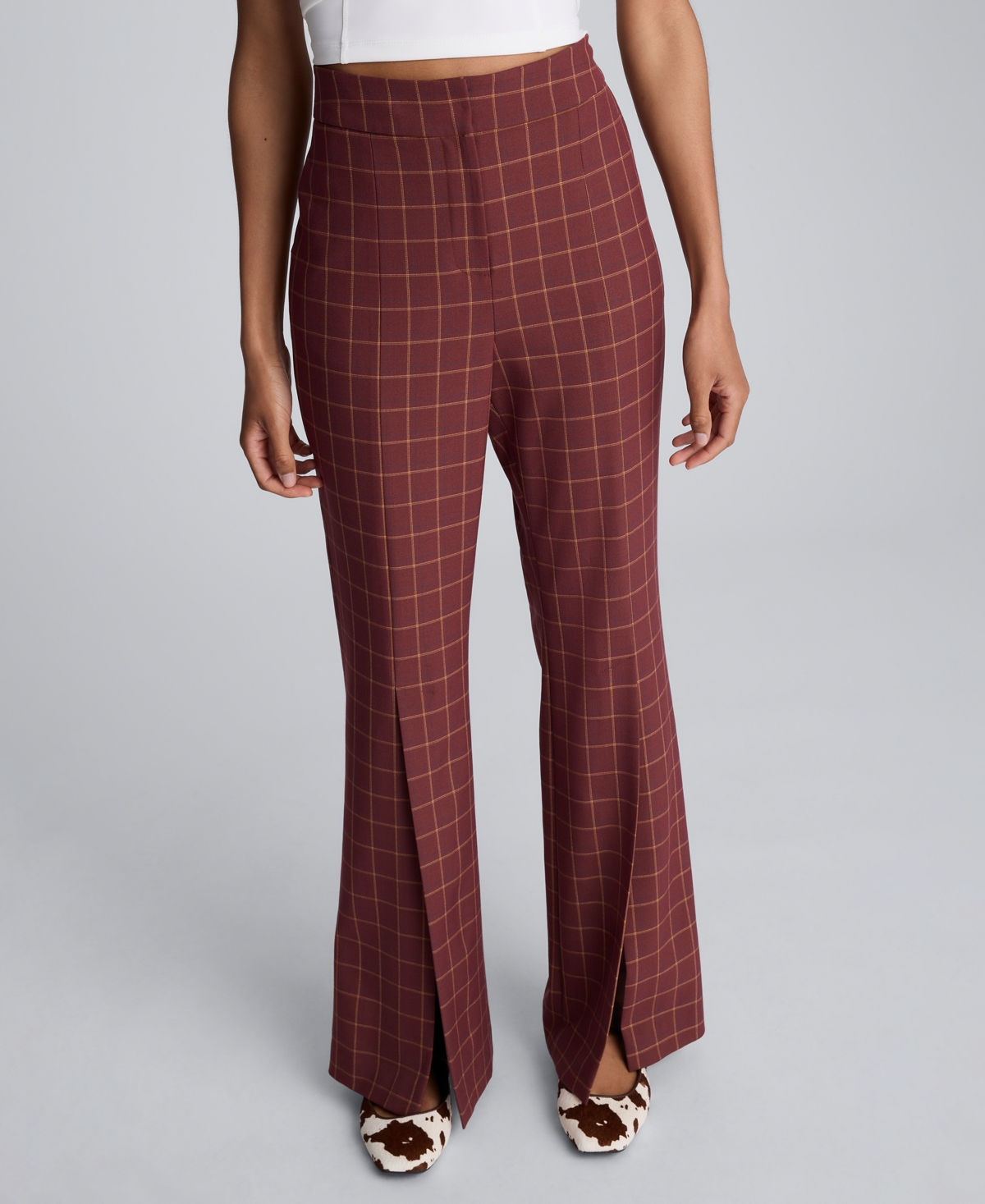 Click here for Kenneth Cole Womens Plaid High-Rise Pants - Russet... prices